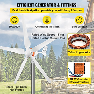 VEVOR Wind Turbine Generator, 12V/24V Wind Turbine Kit, 500W Wind Power Generator with MPPT Controller 5 Blades Auto Adjust Windward Direction Suitable for Terrace, Marine, Motor Home, Chalet, Boat