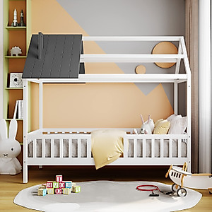 Bellemave Twin House Bed Kids Montessori Beds Playhouse Bed Tent Bed, Solid Wood Platform Bed Frame with Fence and Roof for Kids Teens Girls Boys (White+Gray)