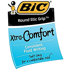 BIC Round Stic Grip Xtra-Comfort Medium Ball Point Pen, Blue, 8 Pack