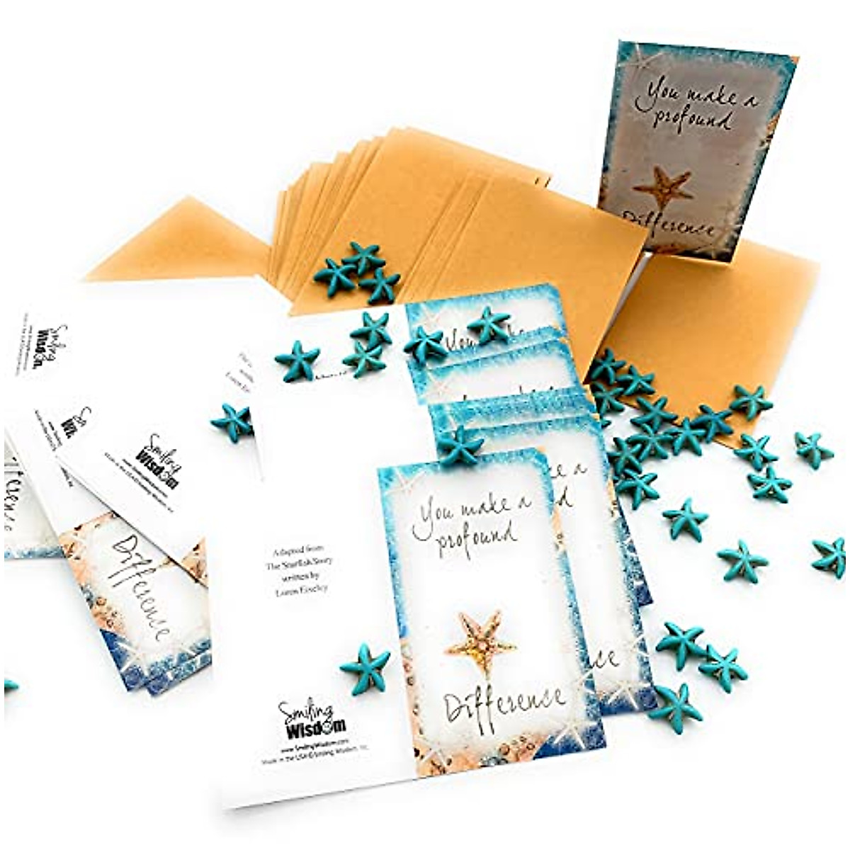 Smiling Wisdom - Bulk 30 Sets - Starfish Story You Make a Difference - Employee Appreciation Mini Greeting Card and Keepsake Gift Sets - 90 Pieces (Starfish - Kraft Envelopes)
