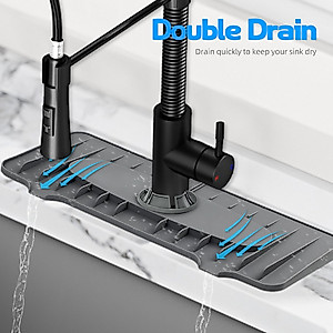 Silicone Faucet Splash Guard, 14.25 Inch Faucet Water Catcher Mat, Two water outlets Silicone Sink Mat, Faucet Handle Drip Catcher Tray Mat for Kitchen Countertop and Bathroom Sink Protectors (Grey)