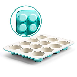 GreenLife Bakeware Healthy Ceramic Nonstick 18" x 13" Half Cookie Sheet Baking Pan, PFAS-Free, Turquoise & Bakeware Healthy Ceramic Nonstick, 12 Cup Muffin and Cupcake Baking Pan, PFAS-Free, Turquoise