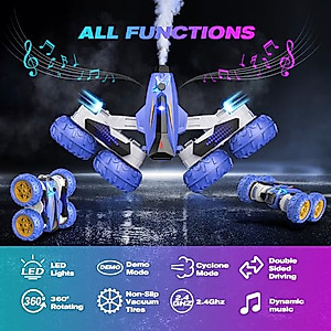 AEROQUEST Remote Control Car - Double Sided RC Stunt Car, 360°Rotating 4WD Off-Road RC Cars with Headlights& Music 2.4Ghz Indoor/Outdoor Rechargeable Toy Car for Boys Age 3-7 8-12 Birthday Xmas Gift