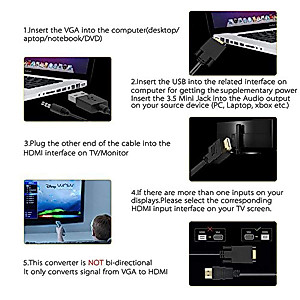 ONTEN VGA to HDMI, 1080P VGA to HDMI Adapter (Male to Female) for Computer, Desktop, Laptop, PC, Monitor, Projector, HDTV with Audio Cable and USB Cable (Black)