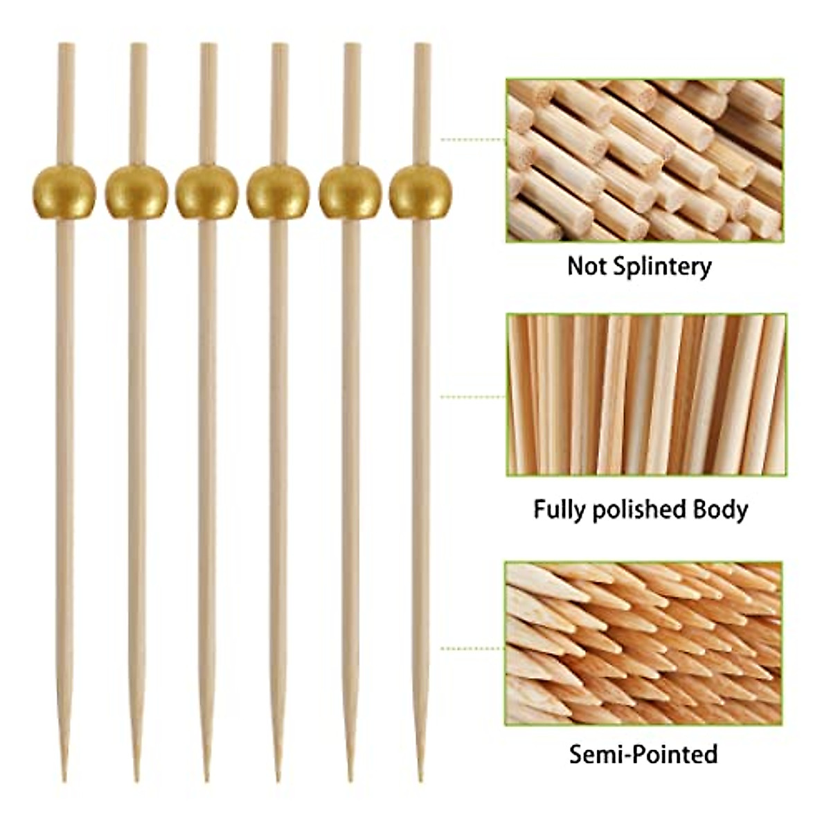 200 Pcs Cocktail Picks, 4.7 Inch Toothpicks for Appetizers, Bamboo Cocktail Sticks Skewers for Drinks, Desserts, Charcuterie, Wedding Party Fancy Toothpicks, Gold Pearl Mini Food Picks Decorative