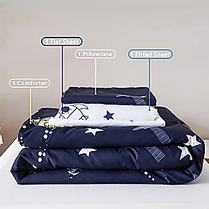 PERFEMET 4 Pcs Toddler Bedding Dark Blue Outer Space Printed Toddler Bed Set with Kids Sheets Reversible Planet Rocket Pattern Bed in a Bag(Dark Blue, Planet/Rocket)