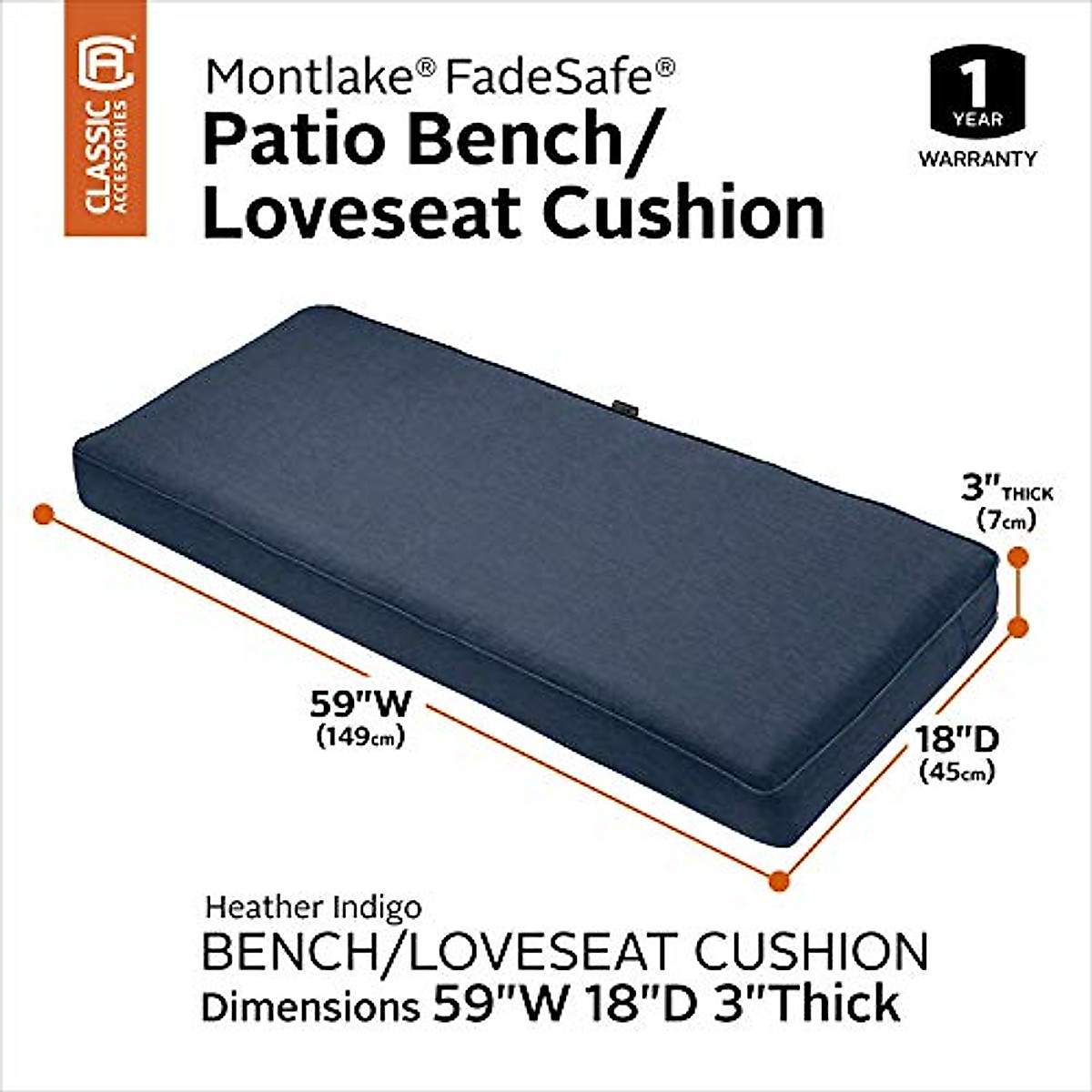 Classic Accessories Montlake FadeSafe Water-Resistant 59 x 18 x 3 Inch Outdoor Bench/Settee Cushion, Patio Furniture Swing Cushion, Heather Indigo Blue, Patio Loveseat Cushion