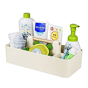 Baby Shower Caddy Plastic Nursery Portable Storage Organizer Caddy Tote for Child/Kids, Divided Basket Bin with Wood Handle for Bathroom, Dorm Room, Holds Hand Soap, Bottles, Spoons (Beige)