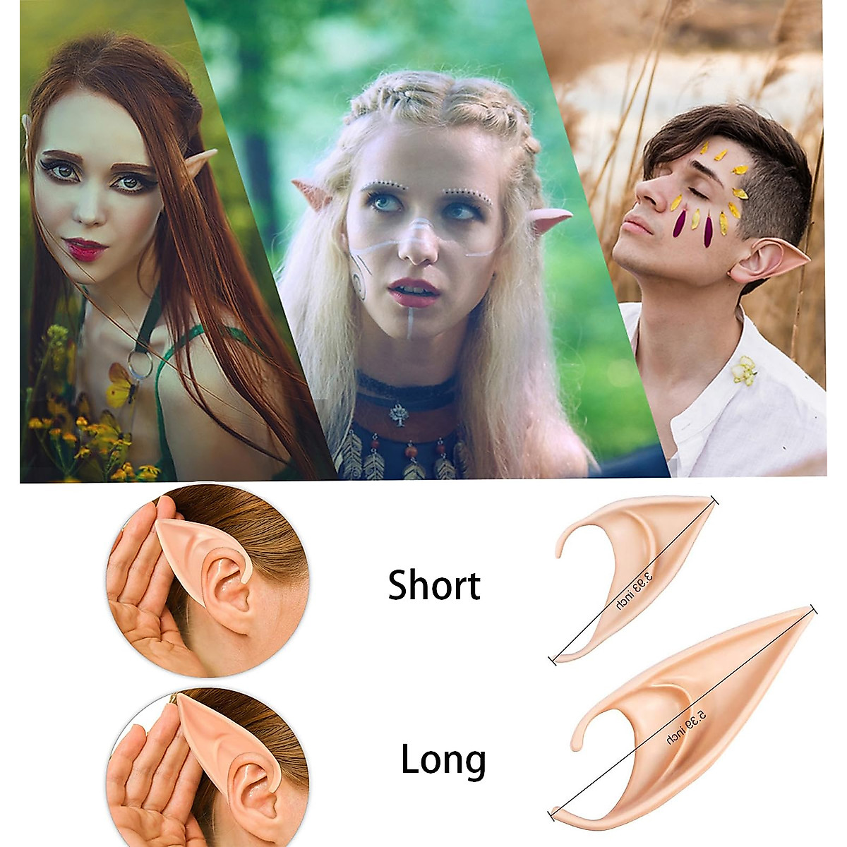 Merroyal Moon Rhinestones Headband Fairy Crown Woodland Circlet Fair Headpiece with 2 Pairs Latex Elf Ear for Women Girls（Moon Sliver and White ）