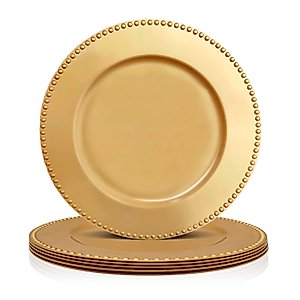NDSWKR 6 Pack Bead Charger Plates, 13 Inch Gold Charger Plates, Plastic Decoration Charger for Dinner Plate, Wedding Catering Event Decoration, Tabletop Decor
