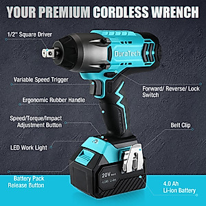 DURATECH Cordless Impact Wrench - Gifts for Dad, 20V Impact Gun, 1/2'' Drive, 330 Ft/lbs Max Torque, with 4 Impact Sockets, 4.0Ah Large Capacity Battery and Fast Charger Included, Great Gifts
