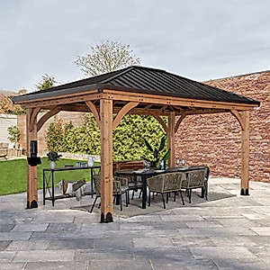 Backyard Discovery Barrington 14 ft. x 12 ft. Hip Roof Cedar Wood Gazebo, Shade, Rain, Hard Top Steel Metal Roof, All Weather Protected, Wind Resistant up to 100 mph, Holds up to 6500 lbs