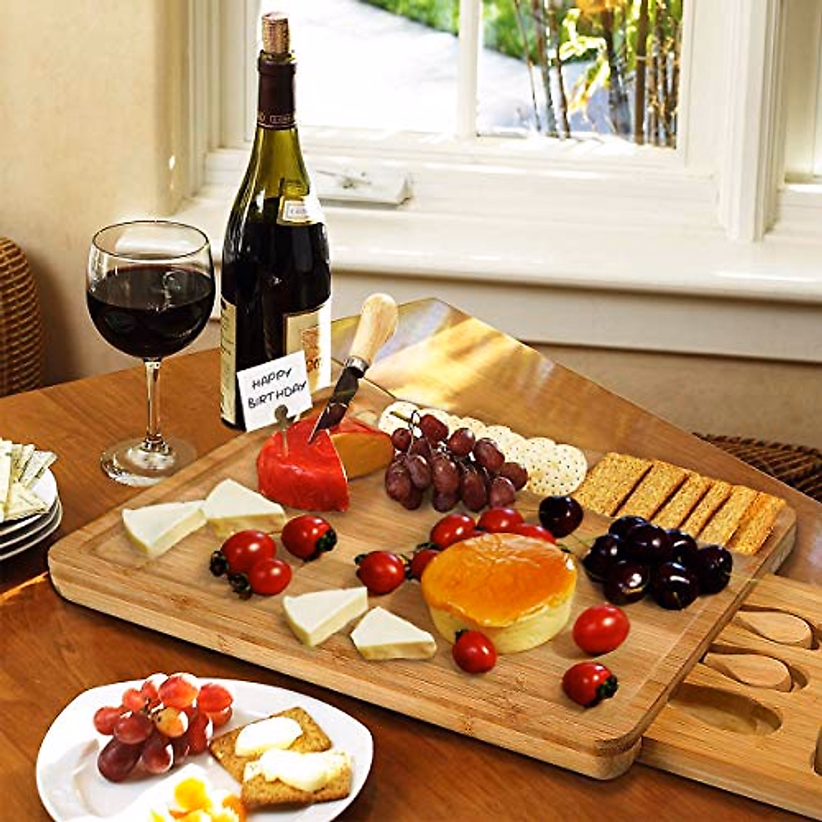 NIUXX Organic Bamboo Cheese Board with 4 Cheese Knives Set for Kitchen, 2 Compartments and 1 Sauce Container Charcuterie Platter, Rectangle Serving Tray with Hidden Cutlery Drawer for Party