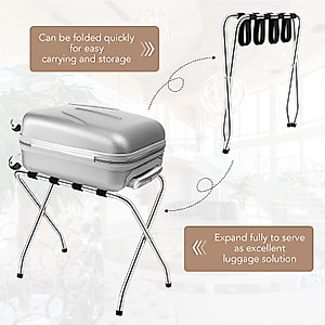MAT EXPERT Folding Luggage Rack, No Assembly Required, 180lbs Capacity Luggage Holder w/ Nylon Straps & Non-slip Footpads, Chrome Suitcase Stand for Guest Room Home Bedroom Hotel, Set of 4, Silver