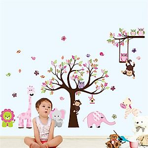 ufengke Animal Tree Wall Stickers Pink Elephant Giraffe Wall Decals Art Decor for Kids Bedroom Nursery DIY