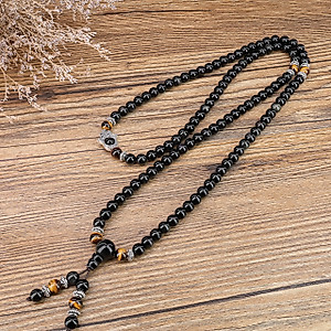 COAI 108 Mala Beads Black Obsidian Tiger Eye Stone Hamsa Hand Bracelet Necklace