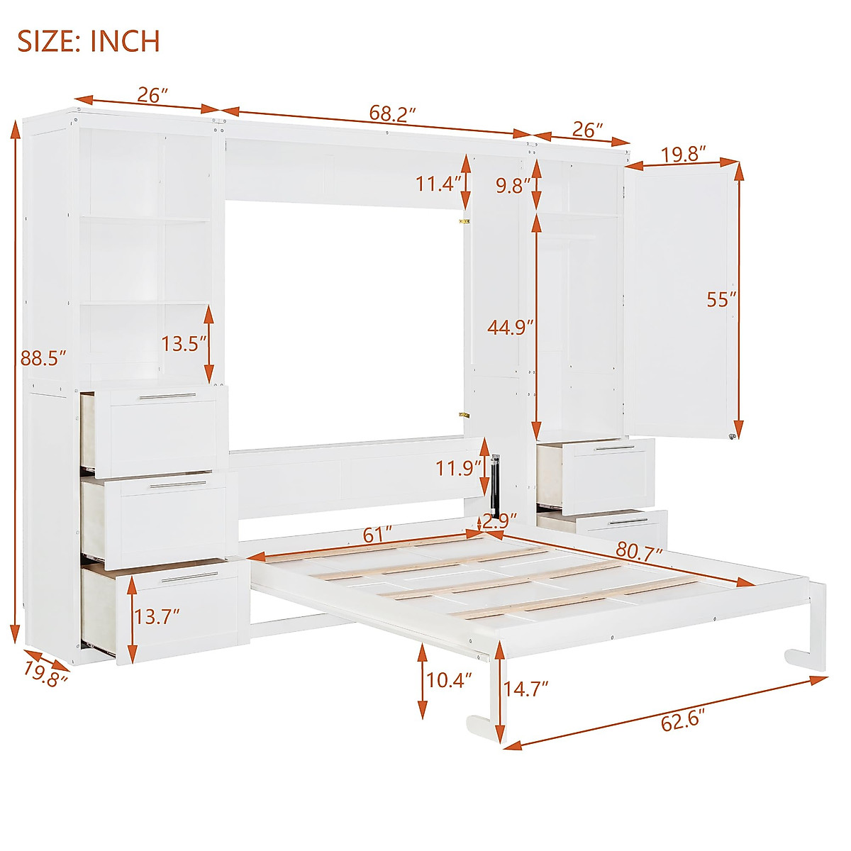Hlcodca Queen Size Murphy Bed Wall Bed with Closet,Drawers and Shelves, Space-Saving for Multipurpose Guest Room Or Home Office (White-rr)