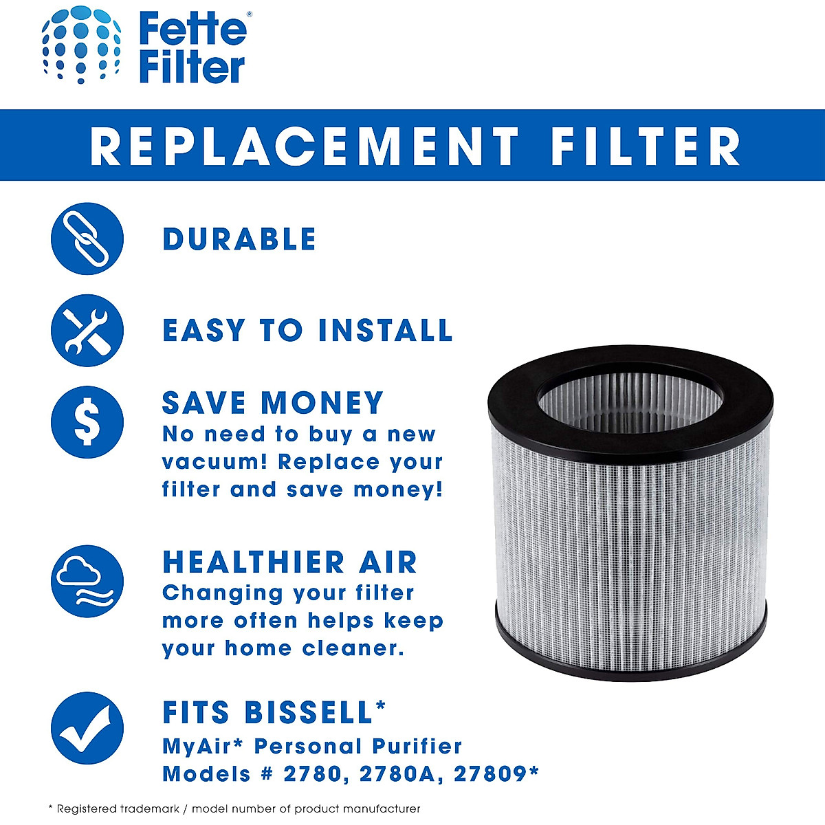 2801 Premium Air Purifier Filters Compatible with Bissell 2801 High Efficiency and Carbon Filter for Bissell My Air Personal Models # 2780, 2780A, 27809, 3329, 2780P, 3329, 2780B - Pack of 2