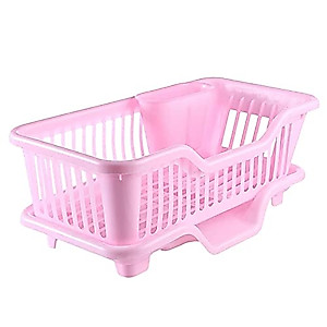 Environmental Plastic Kitchen Sink Dish Drainer Set Rack Washing Holder Basket Organizer Tray, Approx 17.5 x 9.5 x 7INCH (Pink)