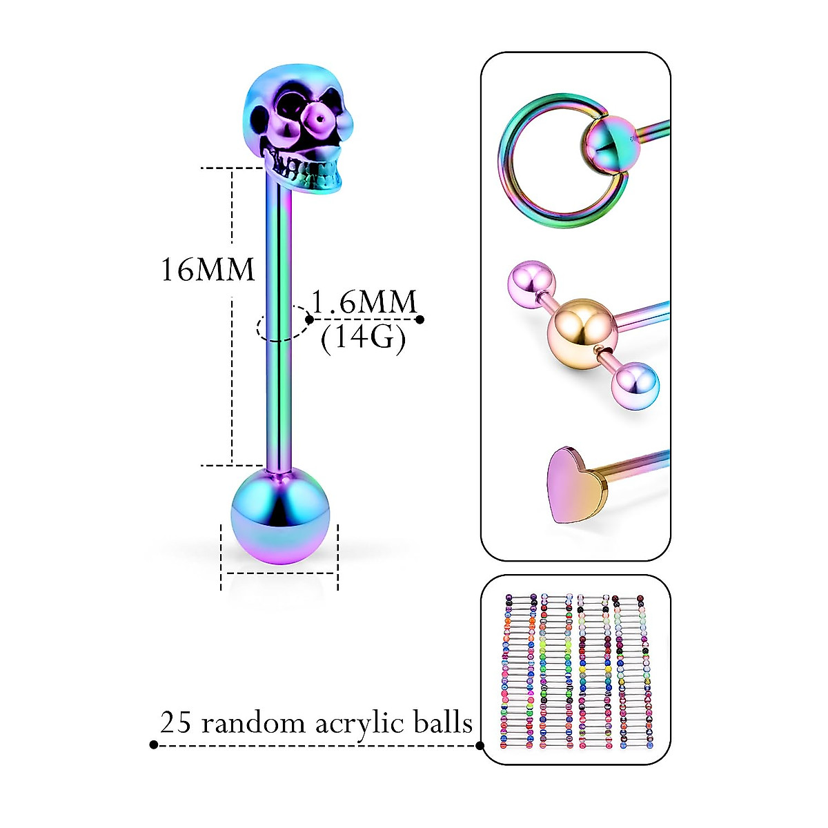 Leiainely Tongue Rings Piercing Jewelry for Women Men Work 14g 14 Gauge Cute Green Rainbow Surgical Stainless Steel Metal Clear Plastic Acrylic Silicone Para La Lengua Aretes Tounge Barbell Balls Set
