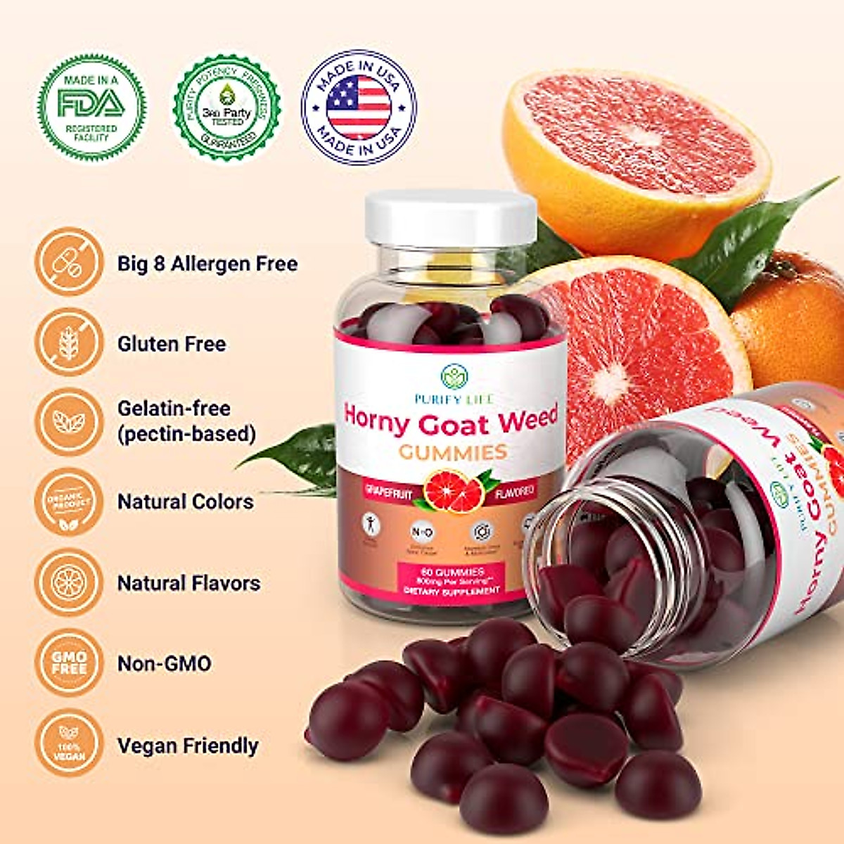 Potent Horny Goat Weed Gummies (60ct 800mg) Horny Goat Weed for Men & Women Epimedium Extract for Natural Energy Boost, Performance, Stamina, Drive - Natural Grapefruit Flavor [Upgraded Gummies]