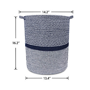 INDRESSME Large Cotton Rope Storage Basket Baby Laundry Basket Woven Baskets Blanket Basket with Handle for Diaper Toy Off White Home Decor 14.2'' x 13.4'' x 16.2'', Navy