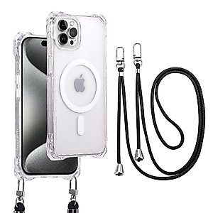 Yetagso Magnetic Case for iPhone 15 Pro Case, Clear Strong Magnetic Soft Frame PC Back Shockproof Protective Case Cover with Detachable Lanyard, Compatible with MagSafe, Clear