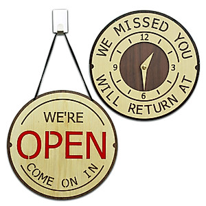 LOKAUS Happy Smiley Face Design for Open and Closed Signage, Wooden "Come On In" and Changeable Hours for "Will Return At" Signage, 7 inches Round Double Sided Hours of Operation Signage.… (7 inches)