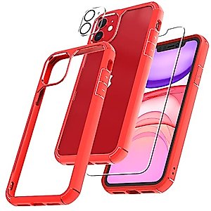 TAURI [5 in 1 Defender Designed for iPhone 11 Case, Anti-Yellowing with 2 Pack Tempered Glass Screen Protector + 2 Pack Camera Lens Protector Slim Cover for iPhone 11 6.1 inch-Red