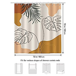 Bonhause Abstract Boho Leaf Shower Curtain Mid Century Modern Minimalist Art Decorative Bath Curtain 72 x 72 Inch Polyester Fabric Waterproof Bathroom Curtain with 12 Hooks