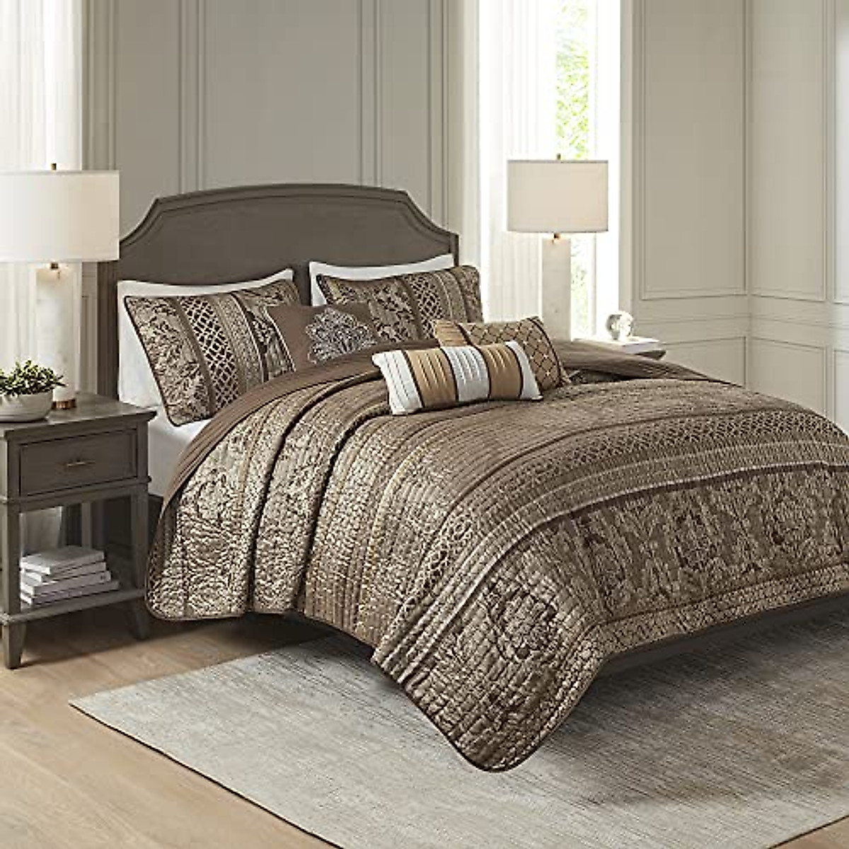 Madison Park Quilt Traditional Damask Design All Season, Lightweight Coverlet Bedspread Bedding Set, Matching Shams, Pillows, King/Cal King(104"x94"), Bellagio, Jacquard Brown/Gold 6 Piece (MP13-369)