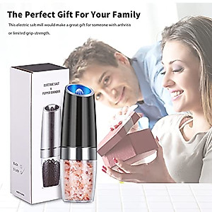 EasyCom Gravity Electric Salt and Pepper Grinder Set, Battery Powered with LED Light, Adjustable Coarseness, One Hand Automatic Pepper Mill Grinder for Kitchen and BBQ, 2 Pack, Black
