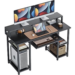 CubiCubi Computer Desk with Keyboard Tray, 47 Inch Office Desk with Monitor Stand and Storage Shelves, Music Studio Desk Workstation, Work Table for Home Office, Black