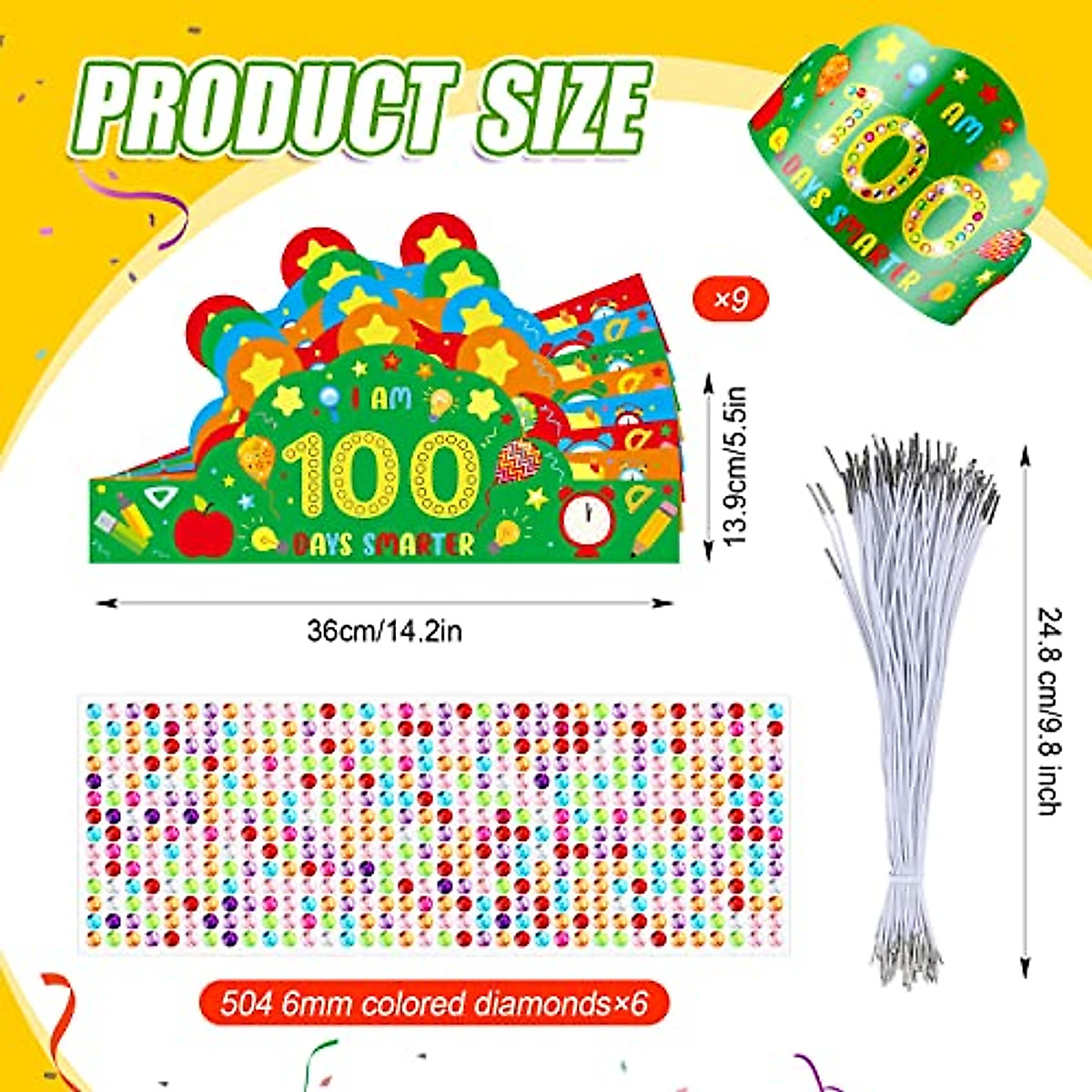 72 Pcs 100th Day of School Crowns with 6 Sheets Acrylic Rhinestone Stickers DIY 100 Days Paper Party Hat Happy Adhesive Rhinestones Paper Crowns for Kid 100 Days of School Celebration Party Favors
