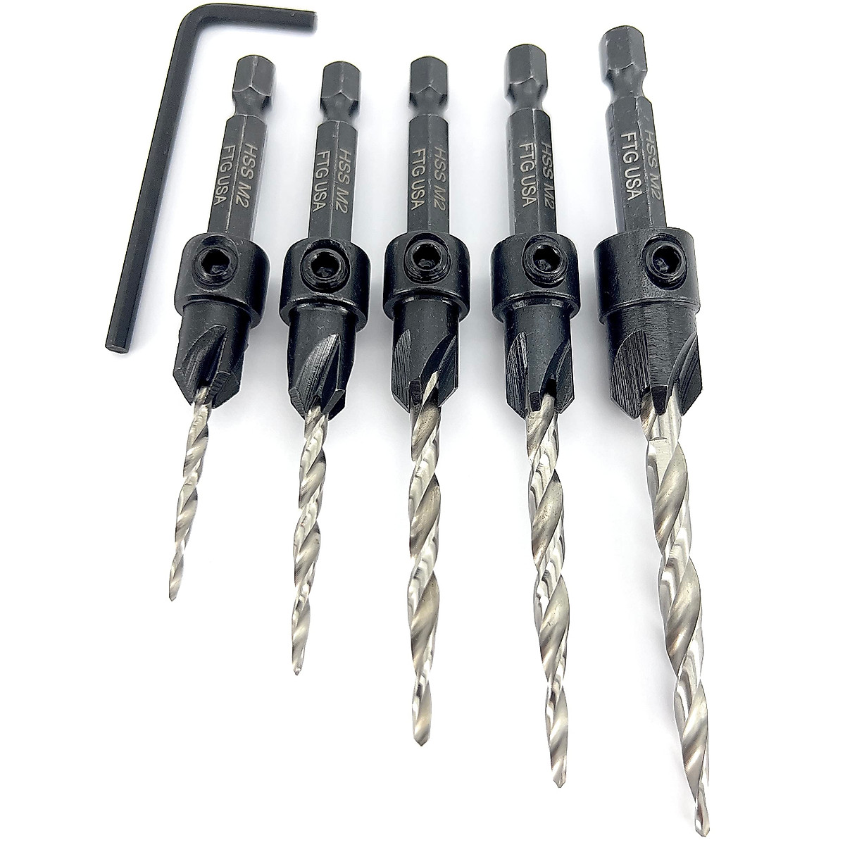 FTG USA Adjustable Wood Countersink Drill Bit Set 5 Pc Countersink Drill Bit #4#6#8#10#12 Tapered Drill Bits for Woodworking