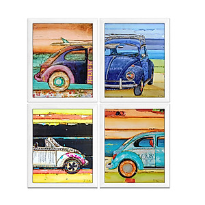 Antique Classic Cars Art Prints, Set of 4, Danny Phillips Fine Art, Mixed Media Collage Artwork, Coastal Wall Decor, 8x10 Inches