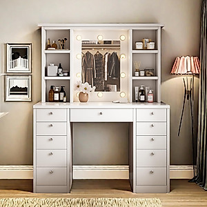 Leavader Large Vanity Desk with Mirror and Lights, 3 Colors Adjustable, White Makeup Table with 10 LED Bulbs, Makeup Desk with 11 Multi-Sized Drawers & 6 Shelves, Dressing Table for Home Apt