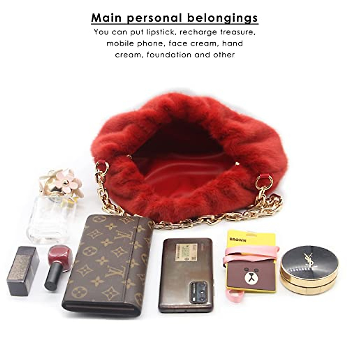 NAARIIAN dumpling fur bag Feather Tote Evening cloud bags Fuzzy Handbags Faux Fox Fur Purse for women (Christmas Red)