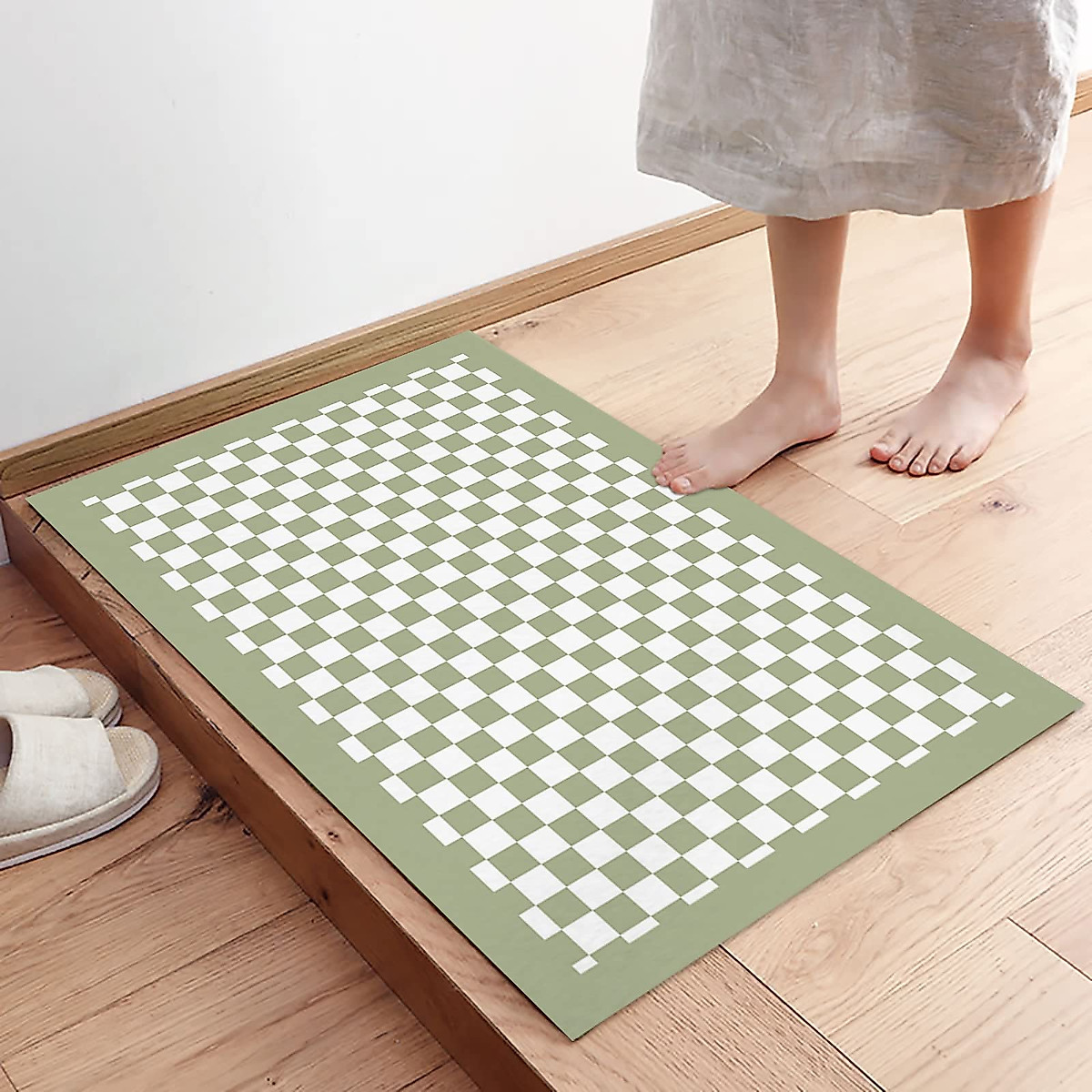 Homechoid Sage Green Plaid Front Door Mat for Indoor Entrance Country French Rustic Buffalo Check Absorbent Doormat for Bathroom/Garage/Kitchen/Entry/Back, Washable, 18x30 Inche