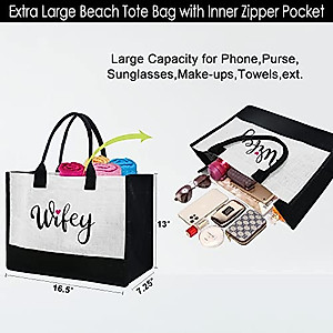 BeeGreen Wifey Jute Beach Bag w Inner Zipper Pocket White Burlap Tote Bag Laminated Interior Large Wedding Gifts Embroidery Monogram Bridesmaid Gift for Engagement Honeymoon Bridal Shower Gift
