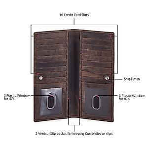 Long Wallet for Men Women Real Leather Bifold RFID Stylish Slim Handmade 2 ID Window Credit Card Holder in Gift Box (Coffee, Crazy Horse)
