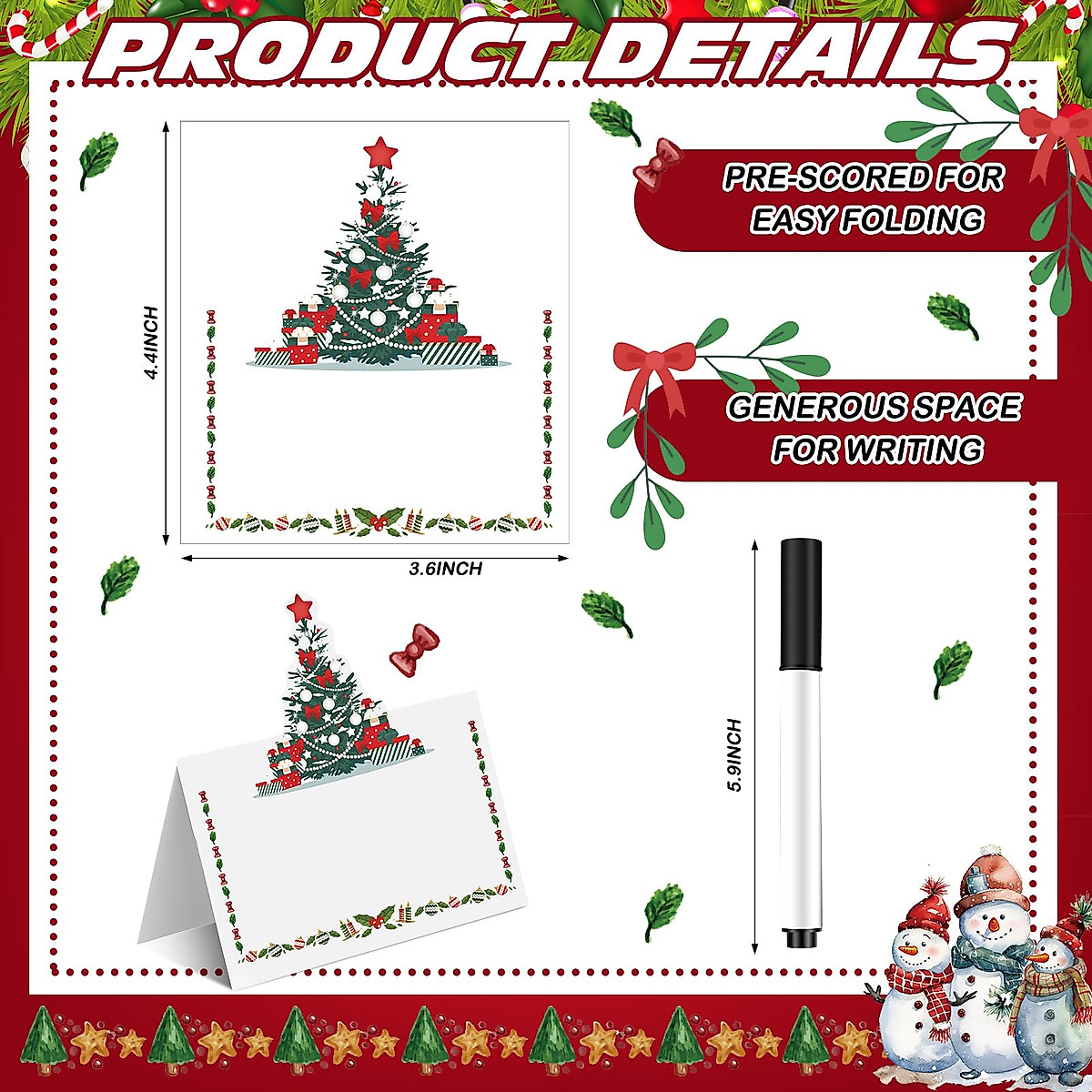 Spakon 100 Pcs Christmas Place Cards with 2 Pens Holiday Seating Name Card Folding Rustic Table Place Setting Cards Xmas Colorful Name Tent Cards for Christmas Dinner Brunch Birthday Holiday Party