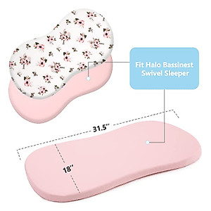 TILLYOU Cotton Fitted Bassinet Sheets for Baby Boy Girl, Fit for Halo Bassinet Swivel Sleeper, Adapt to Hourglass Bassinet Mattress Sheet, 31.5'' x 18'', 2 Pack Floral & Pink
