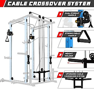 RitFit Multi-Function Power Rack Cage PPC03 with Adjustable Cable Crossover System,1000LBS Capacity, Full Home Gym Workout with J-Hook, Landmine and Other Attachments-Blue