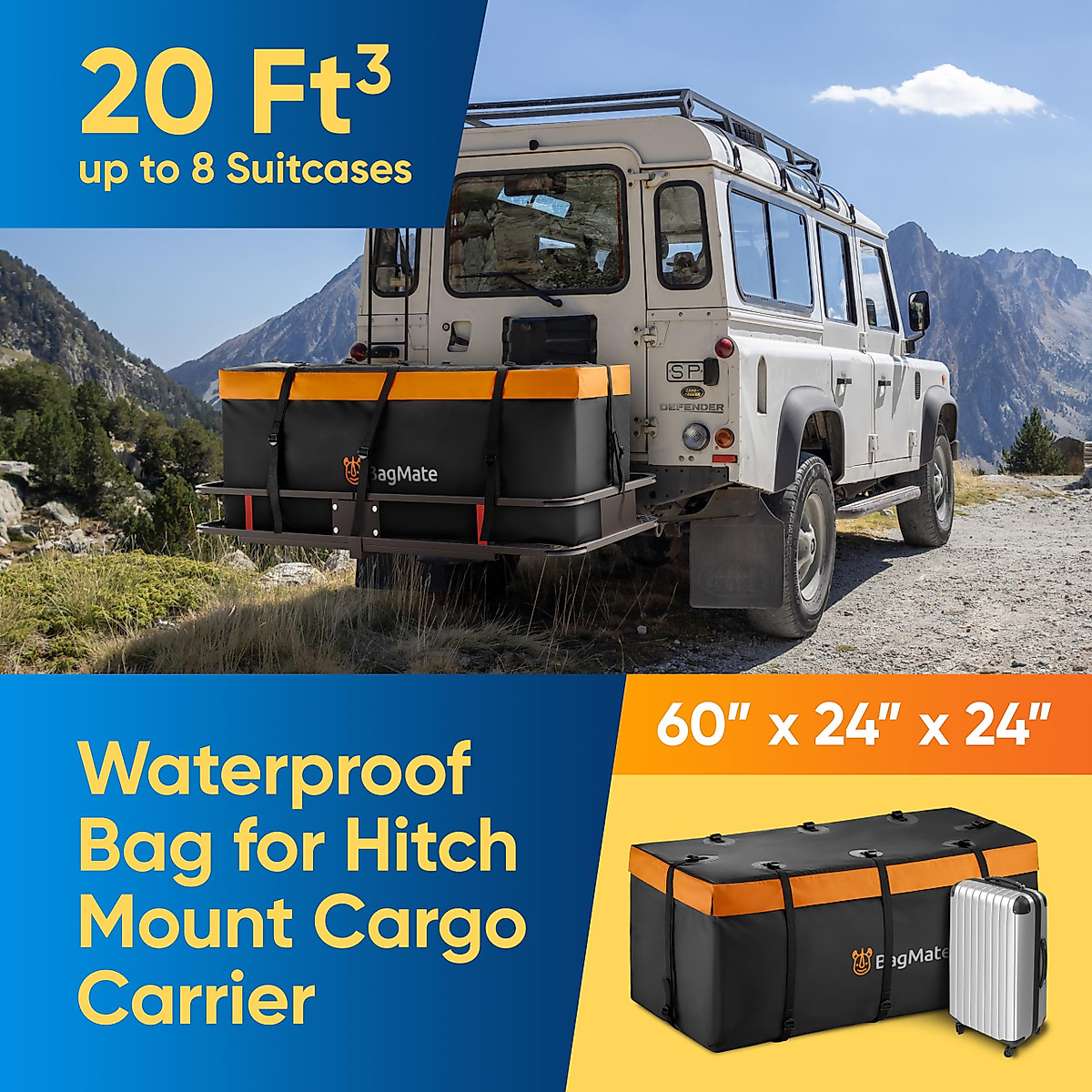 BagMate 20ft³ Waterproof Hitch Cargo Carrier Bag, Durable PVC Tarpaulin Hitch Mount Cargo Carrier Cargo Box w/a Bonus Lock, Heavy-Duty Straps & Buckles, Easy to Install Vehicle Cargo Carriers