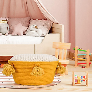 Sarmyarc Cotton Rope Basket Boho Woven Basket Cute Round Closet Storage Bins Organizer with Macrame Tassel for Baby Toys Diaper Dog’s Toys Storage Organizer Nursery Decor (ginger)