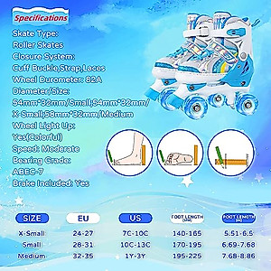 Nattork Girls Roller Skates for Kids Toddler, 4 Size Adjustable Rainbow Quad Skates with Light up 8 Wheels,Gift for Boys Kids Beginners Indoor Outdoor Blue S