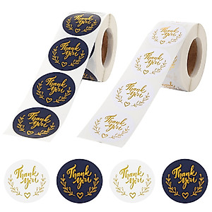 Thank You Stickers, 2 Rolls of 1000, 1.5 Inches in Diameter, Rose Gold Fonts, White/Blue Waterproof Thank You Stickers for Seal and Decorate Bags, Envelopes, Boxes, Greeting Cards, Gifts, Crafts