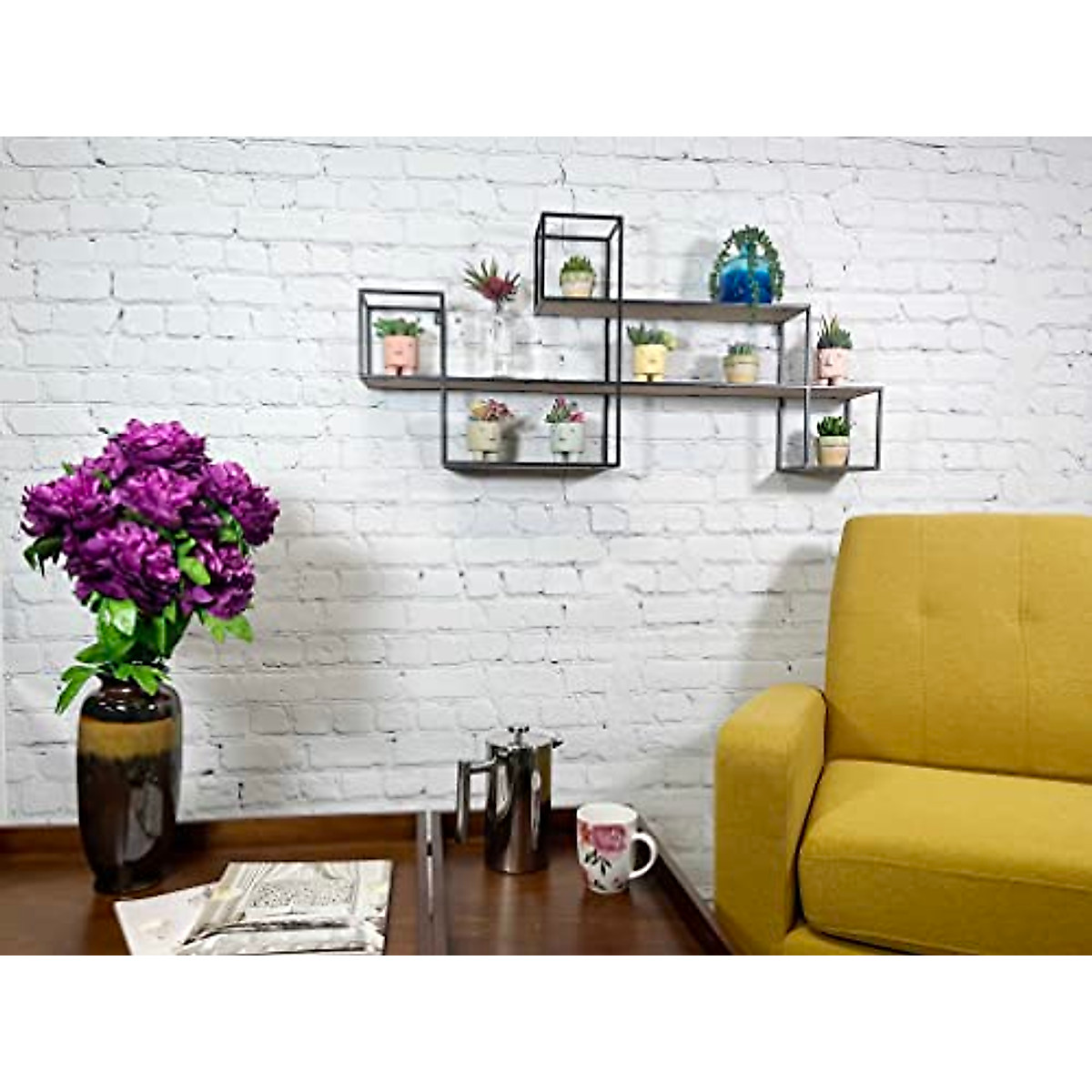 Admired By Nature White Oak Wood Modern Offset Mounted Metal Hanging Storage Floating Shelves, Black, ABN5E159-NTRL Wall Shelf