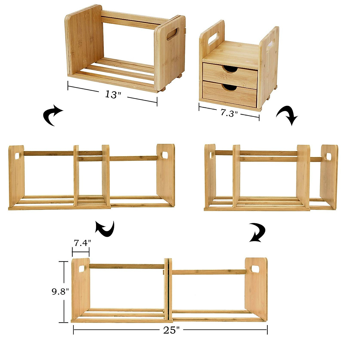 WELLAND Expandable Desktop Bookshelf Bamboo Desk Organizer with 2 Storage Drawers for Office and Home